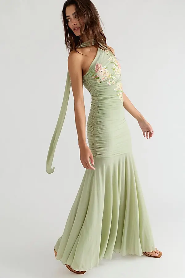 SAEMDI One Shoulder Embroidered Maxi Dress - Sage