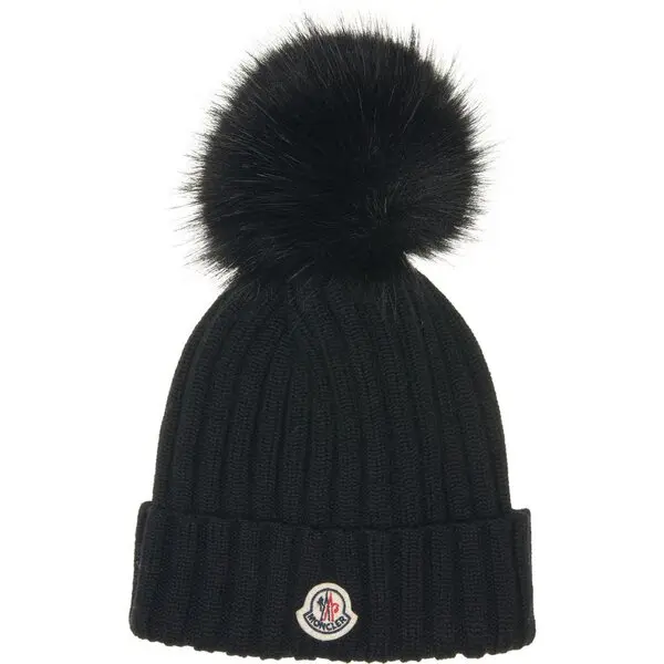 Moncler Virgin Wool Ribbed Beanie With Faux Fur Pom-pom - Black