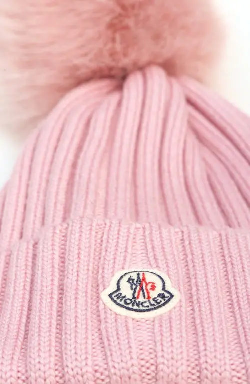Moncler Virgin Wool Ribbed Beanie With Faux Fur Pom-pom - Smooth Rose