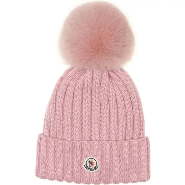 Moncler Virgin Wool Ribbed Beanie With Faux Fur Pom-pom - Smooth Rose