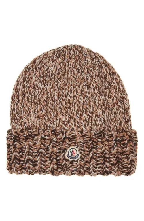 Moncler Logo Patch Ribbed Wool Beanie - Brown/beige Multi