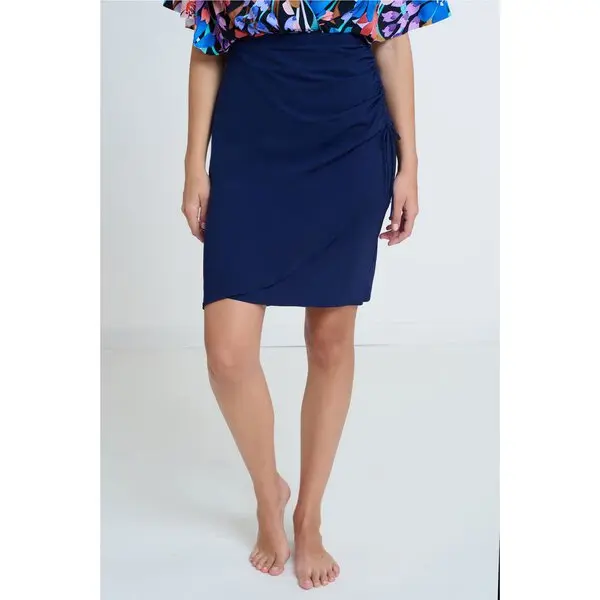 GOTTEX Modest Surplice Wrap Skirt With Side Shirring - Navy