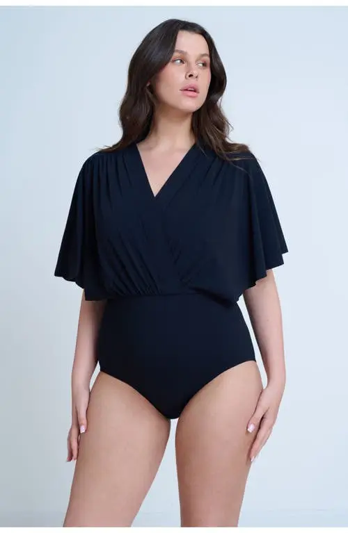 GOTTEX Modest Sleeved Surplice Blouson One Piece - Black