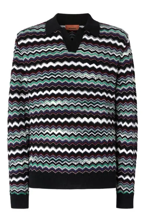 Missoni Long Sleeve Polo With Zigzag Pattern - Blue & Green