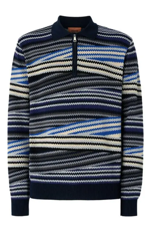 Missoni Long Sleeve Polo With Zip And Striped Zigzag Pattern - Blue