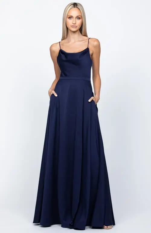 BARIANO Diamond Cowl Wrap Gown - Navy