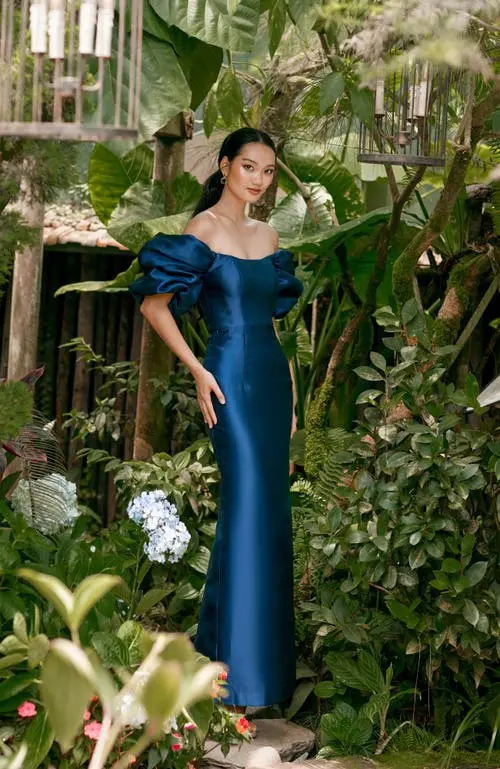 BARIANO Meredith Puff Sleeves Scooped Gown
