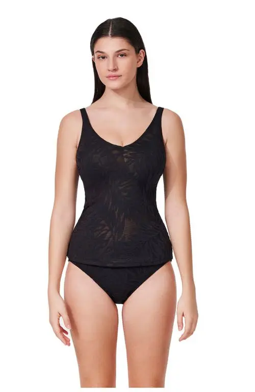 GOTTEX Skyfall Textured V-neck D-cup Tankini Top - Black