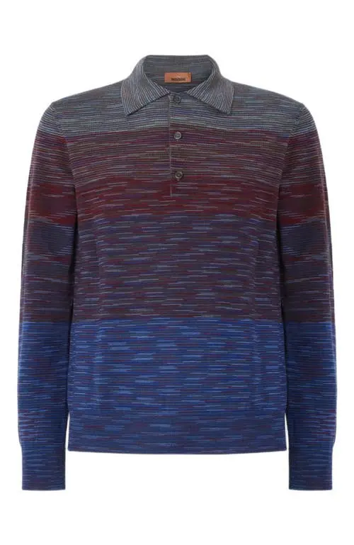 Missoni Long Sleeve Polo In Pure Wool With Flame Pattern - Red & Blue