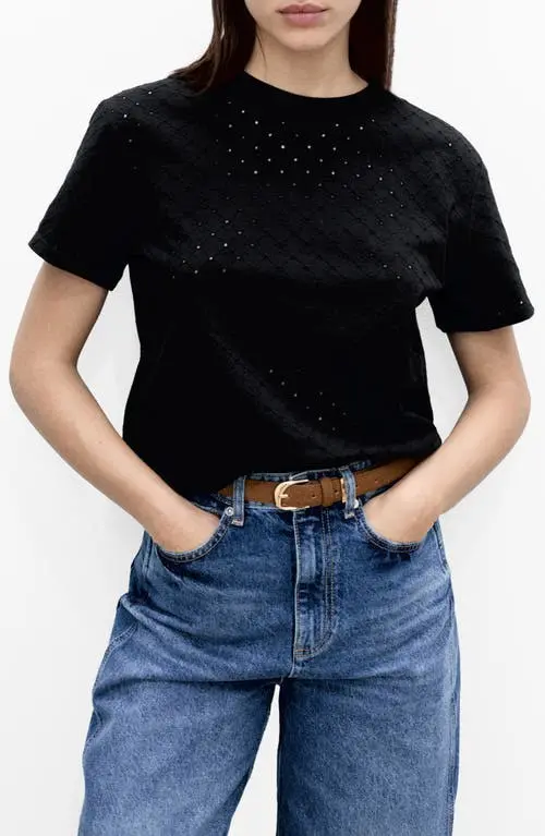 Mango Embroidered Openwork Cotton T-shirt - Black