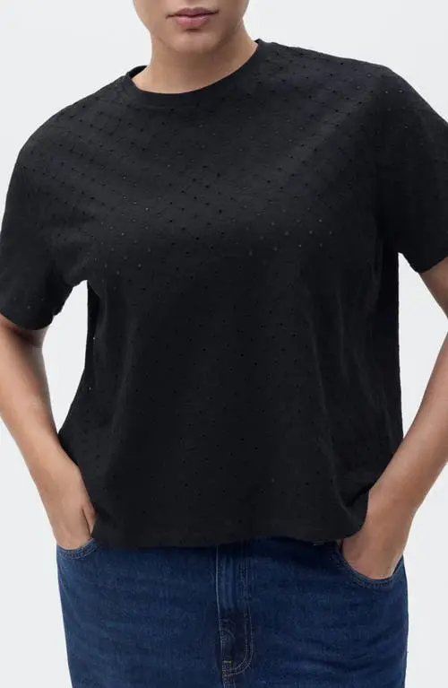 Mango Embroidered Openwork Cotton T-shirt - Black