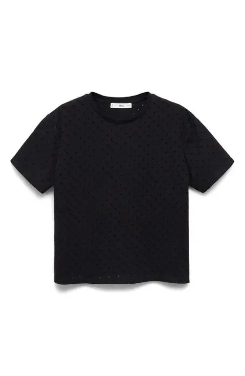 Mango Embroidered Openwork Cotton T-shirt - Black