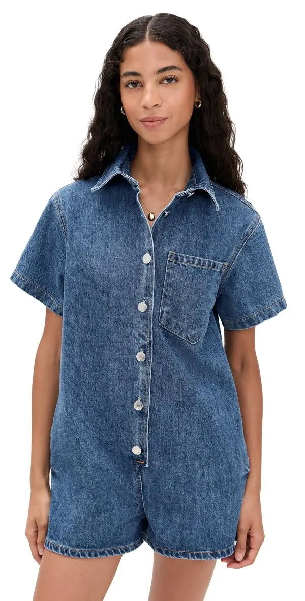 PARKE Short Sleeve Denim Romper - Medium Wash