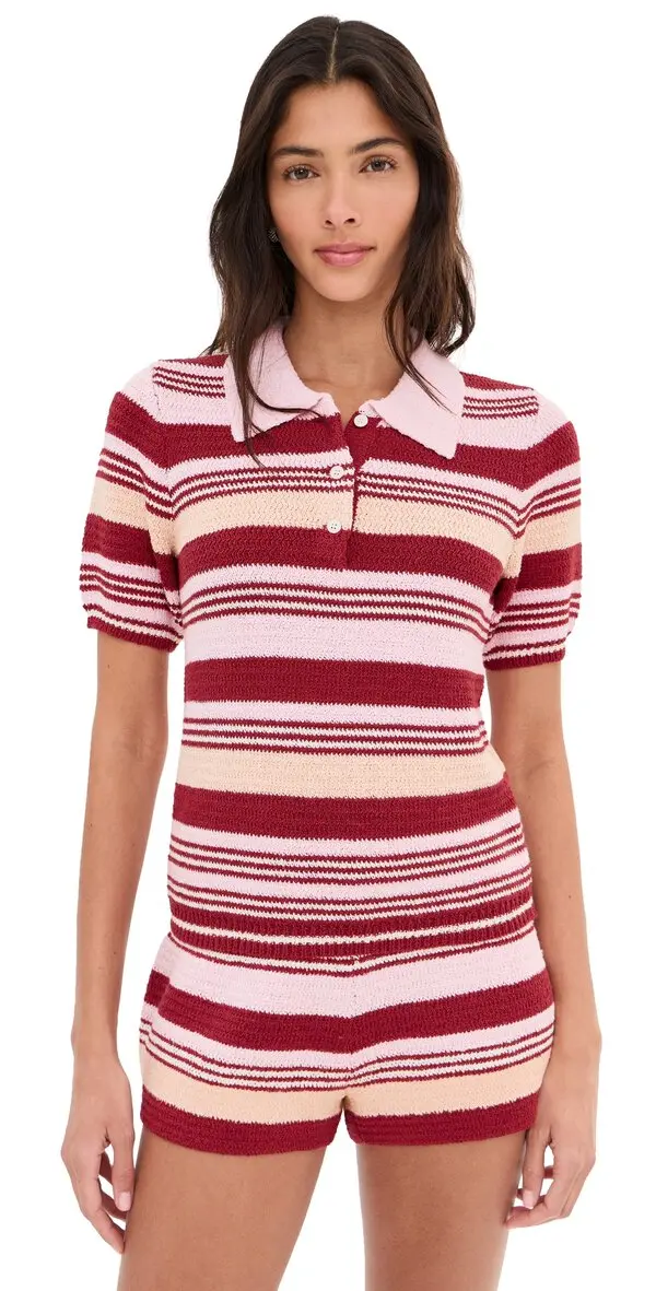 LE BOP Striped Boucle Knit Polo - Pink Multi