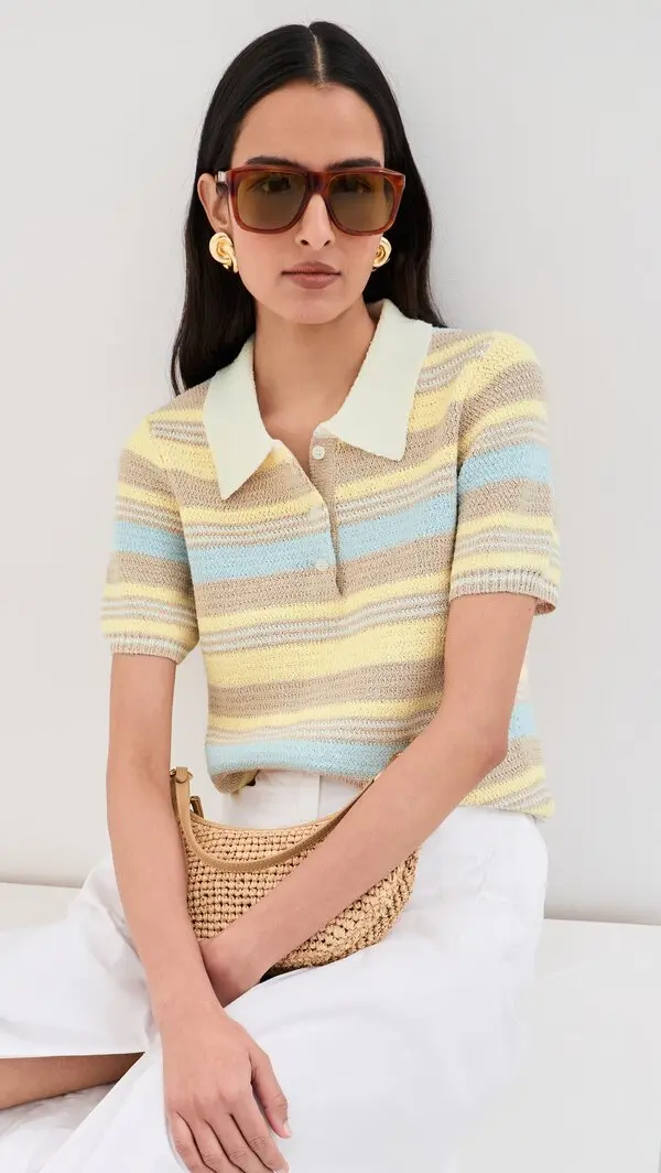 LE BOP Striped Boucle Knit Polo Shirt - Sand Multi