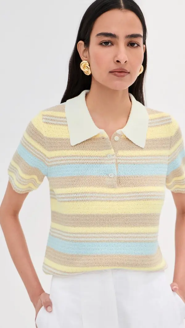 LE BOP Striped Boucle Knit Polo Shirt - Sand Multi