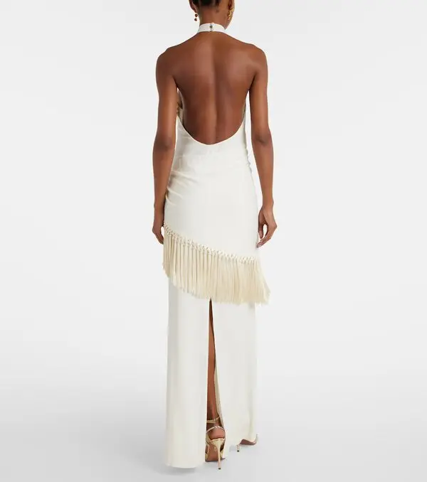 TALLER MARMO Meteora Fringed Halterneck Gown - White