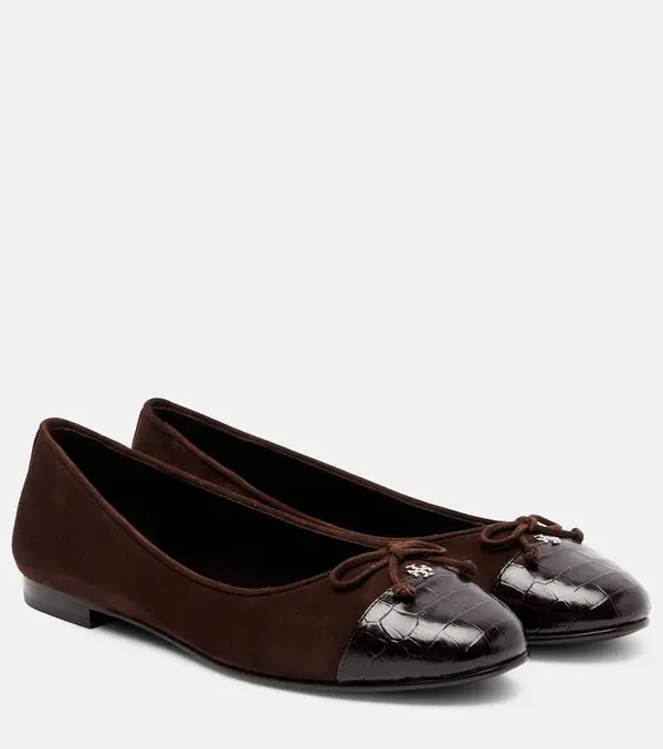 Tory Burch Cap Toe Croc-effect Suede Ballet Flats - Brown