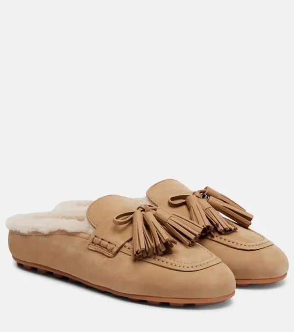 Hogan H693 Shearling-lined Leather Mules - Beige