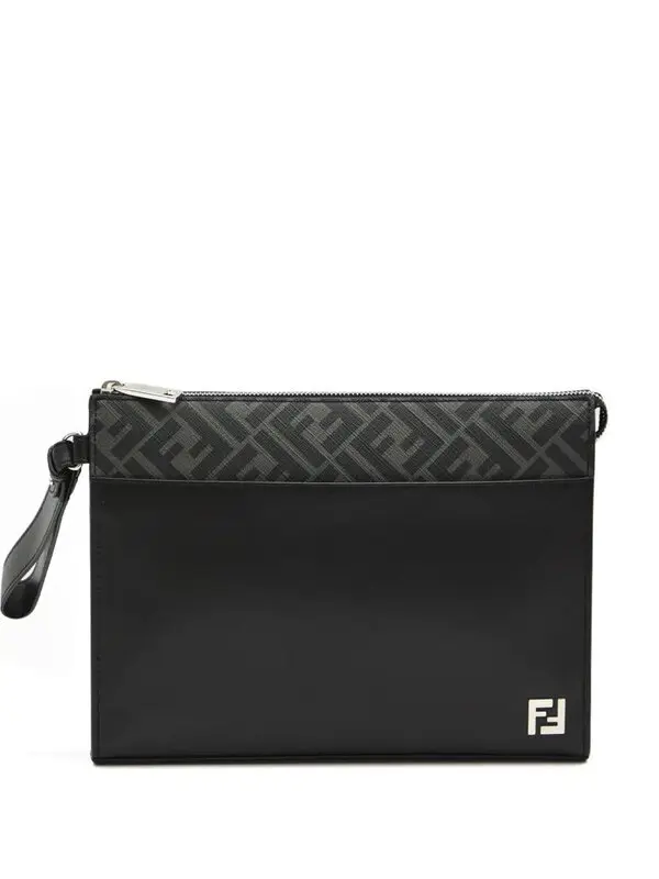 Fendi Leather And Canvas Ff Squared Clutch Bag - Black