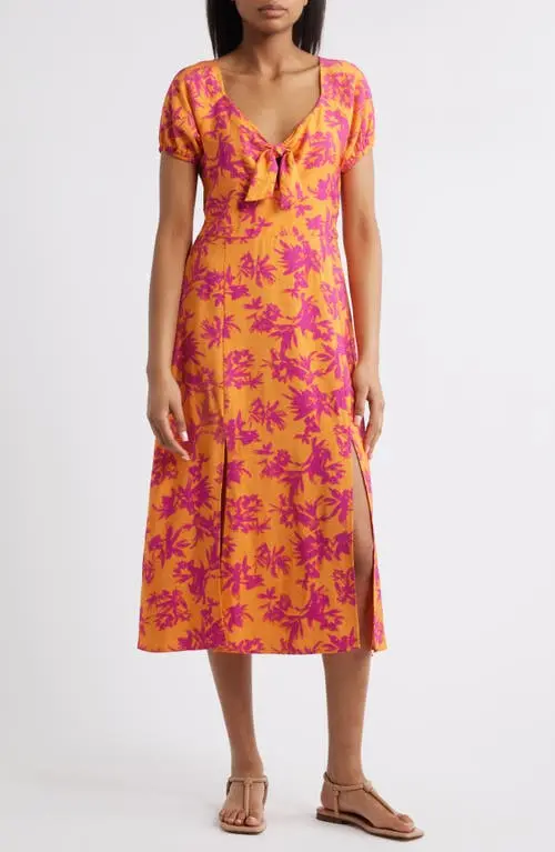 Loveappella Tie Front Slit Midi Dress - Orange/fuchsia