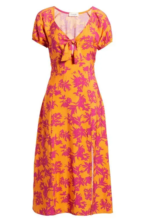 Loveappella Tie Front Slit Midi Dress - Orange/fuchsia