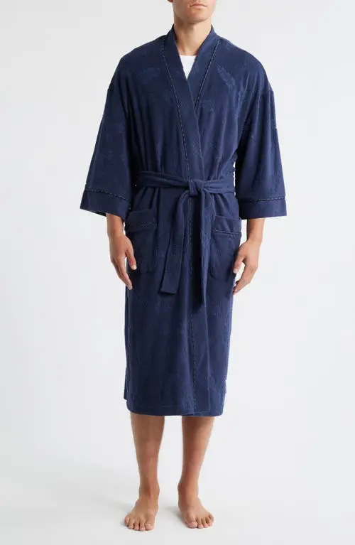 Majestic International Shadow Hibiscus Terry Cloth Robe - Navy Hibiscus