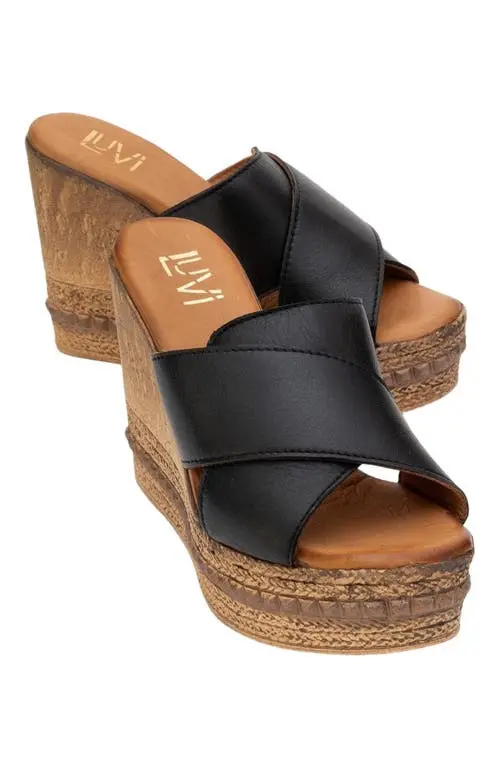 FOREVER & ALWAYS SHOES Lois Wedge Leather Sandal - Black Leather