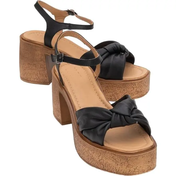 FOREVER & ALWAYS SHOES Platform Wedge Leather Sandals - Black Leather