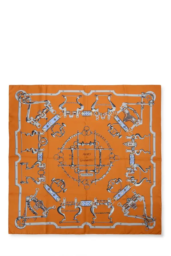 Hermès Multicolor 'mors Et Gourmettes' Silk Scarf 90 - Orange