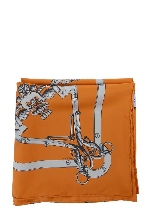 Hermès Multicolor 'mors Et Gourmettes' Silk Scarf 90 - Orange