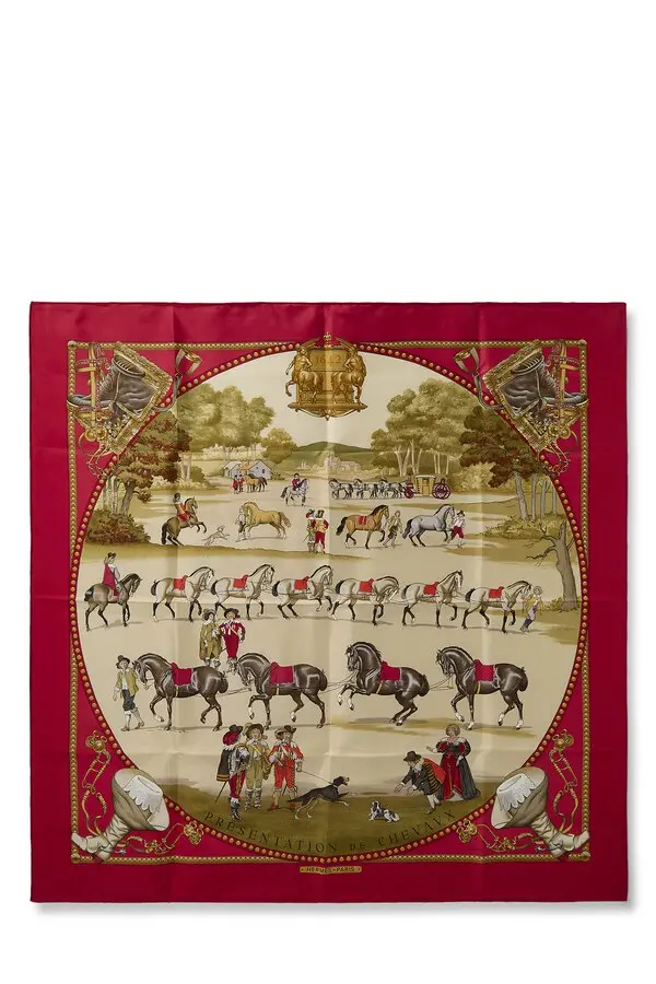 Hermès Multicolor 'présentation De Chevaux' Silk Scarf 90 - Red