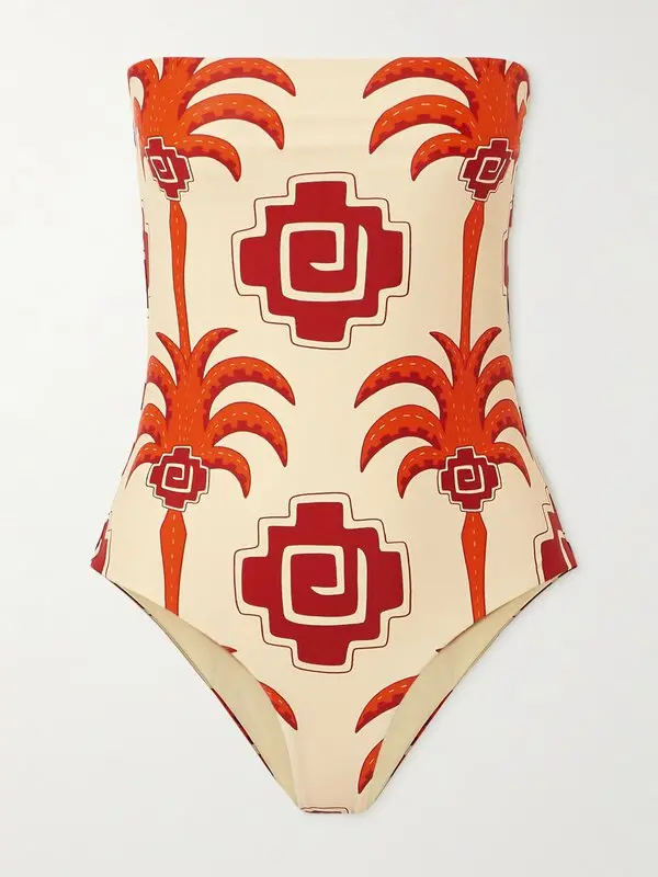 Johanna Ortiz Alta Mar Strapless Printed Recycled Swimsuit - Orange