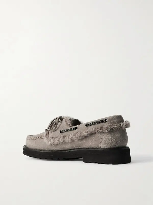 Brunello Cucinelli Bead-embellished Shearling-trimmed Loafers - Gray
