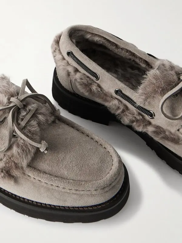 Brunello Cucinelli Bead-embellished Shearling-trimmed Loafers - Gray