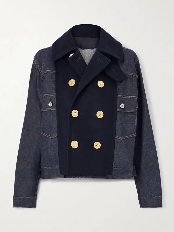 Sacai Double-breasted Wool-trimmed Denim Jacket - Blue
