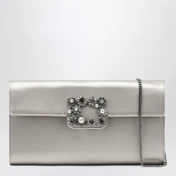 ROGER VIVIER Satin Clutch With Jeweled Buckle And Chain Strap - Grey