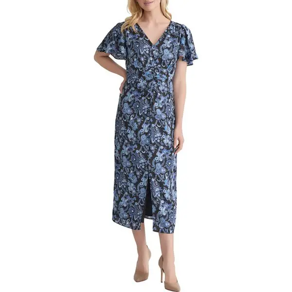 Jones New York Flutter Sleeve Paisley Midi Dress - Jones Black Multi