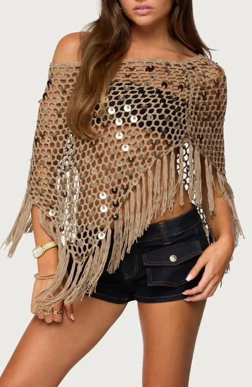 EDIKTED Open Stitch Sequin Fringe Poncho