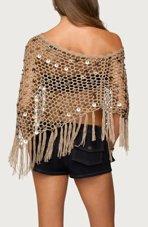 EDIKTED Open Stitch Sequin Fringe Poncho