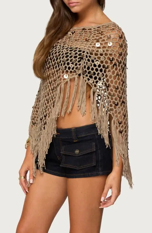 EDIKTED Open Stitch Sequin Fringe Poncho
