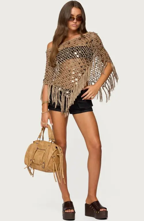 EDIKTED Open Stitch Sequin Fringe Poncho