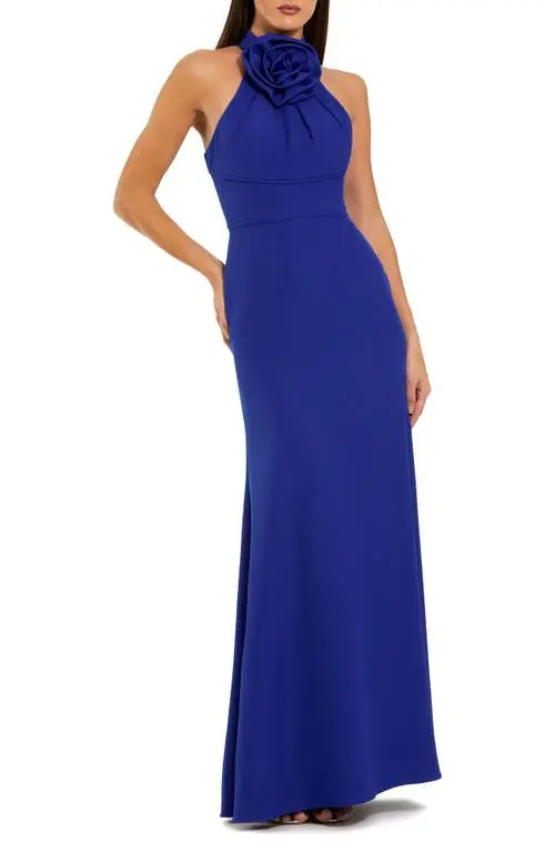 Mac Duggal Sleeveless Halter Neck Gown With Rosette Detail - Cobalt