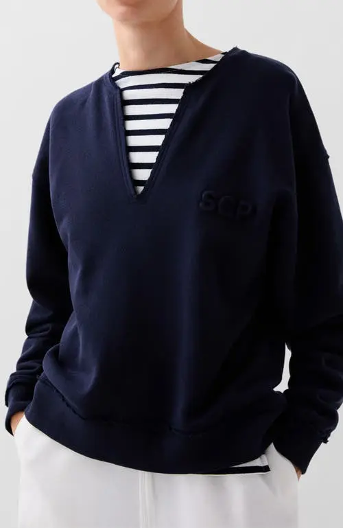 SCALPERS V Embossed Cotton Sweater - Navy