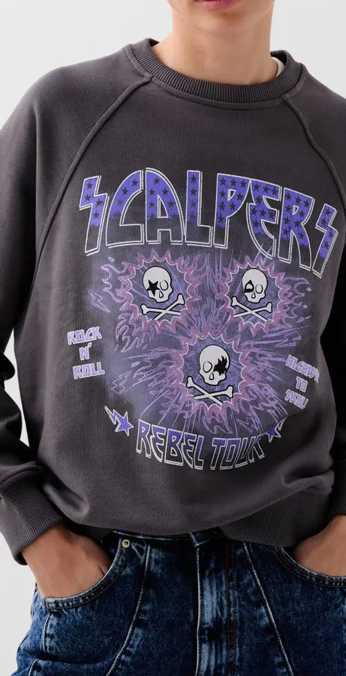 SCALPERS Skull Print Cotton Sweatshirt - Grey