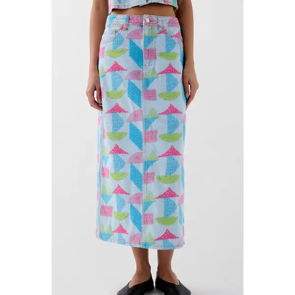 SCALPERS Three-colored Embroidered Denim Midi Skirt