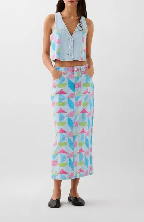 SCALPERS Three-colored Embroidered Denim Midi Skirt