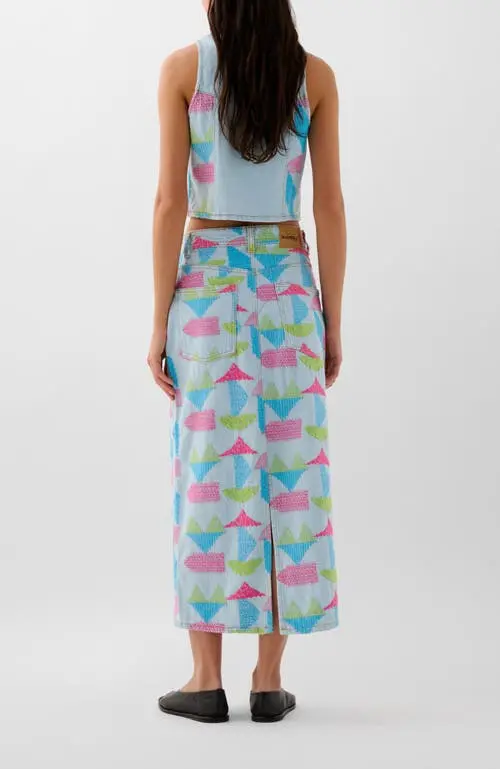 SCALPERS Three-colored Embroidered Denim Midi Skirt