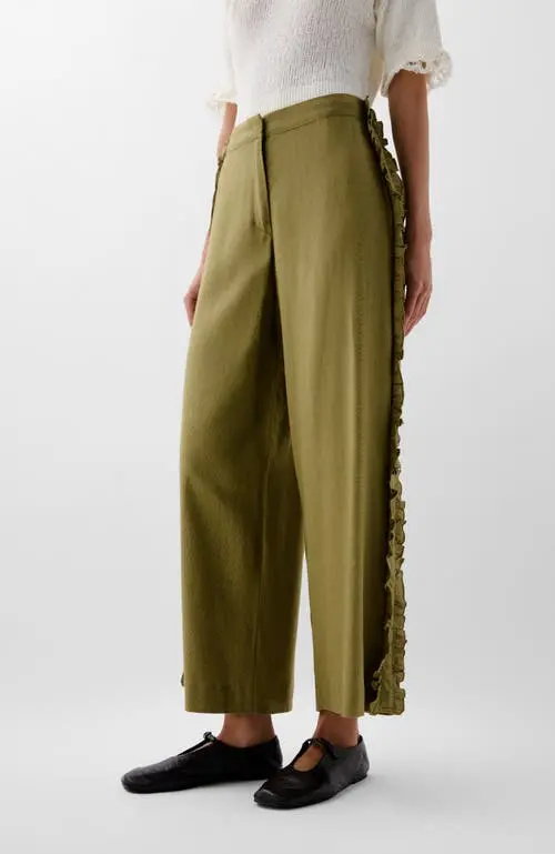 SCALPERS Ruffle Detail Wide Leg Linen Trousers - Khaki