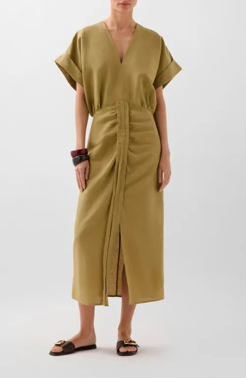 SCALPERS Gathered Linen Midi Dress - Khaki